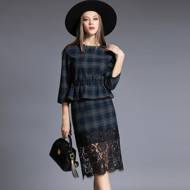 Europe 2016 Autumn Women Fashion Suit Stitching Plaid Lace Hem Two ...